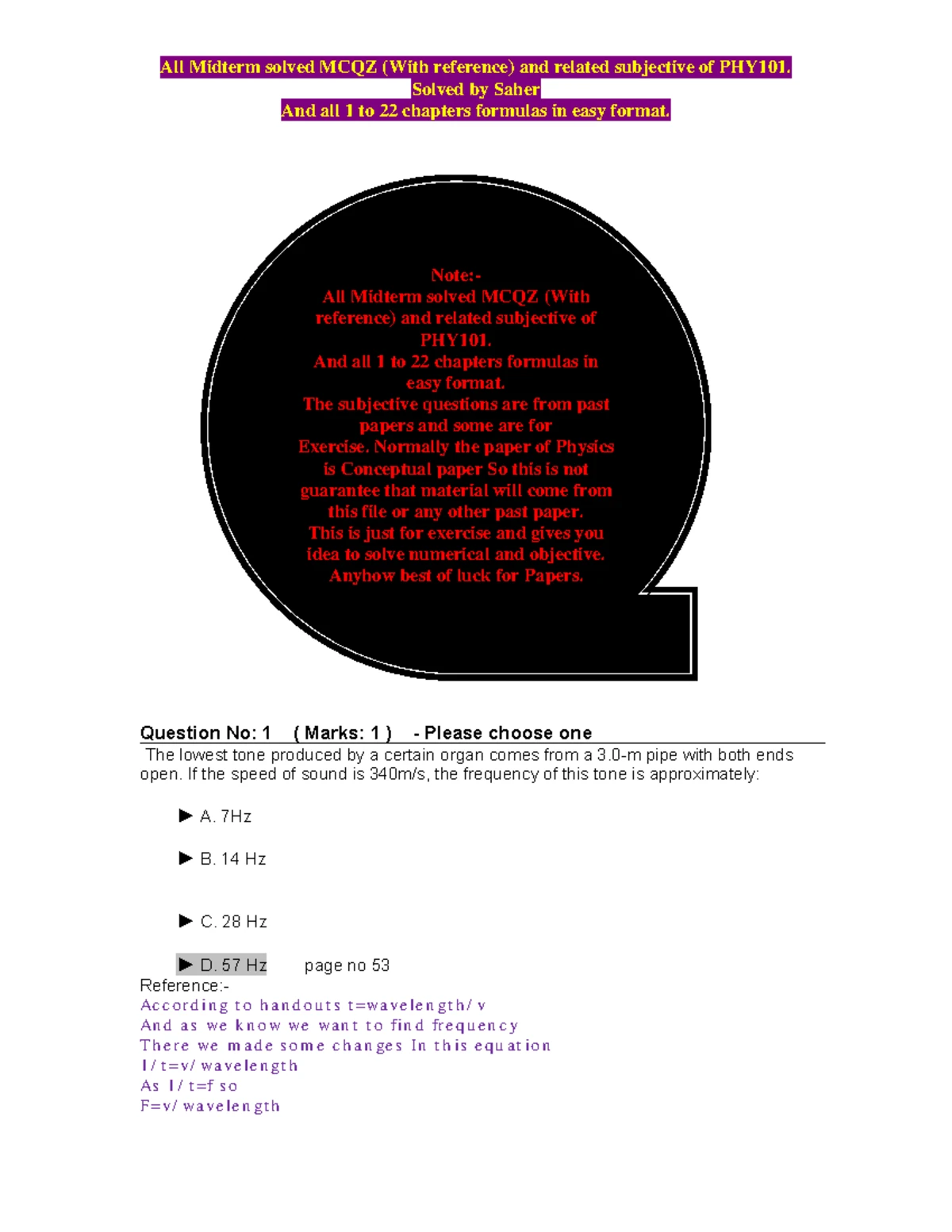 Phy101 - midterm solved - MID TERM EXAMINATION Solved MCQS BY MEHRAN ...