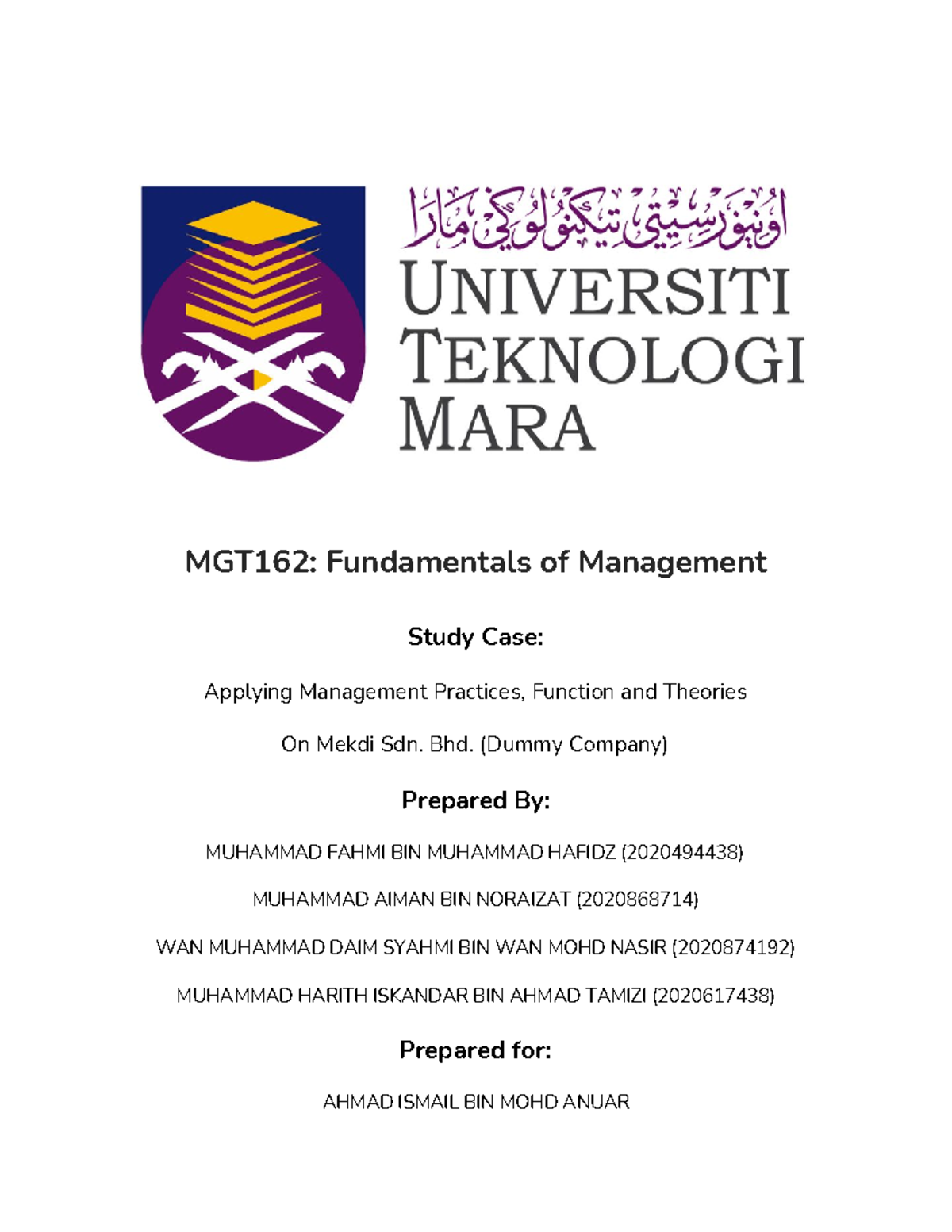MGT 162 Group Assignment: Management Practices & Theories on Mekdi Sdn ...