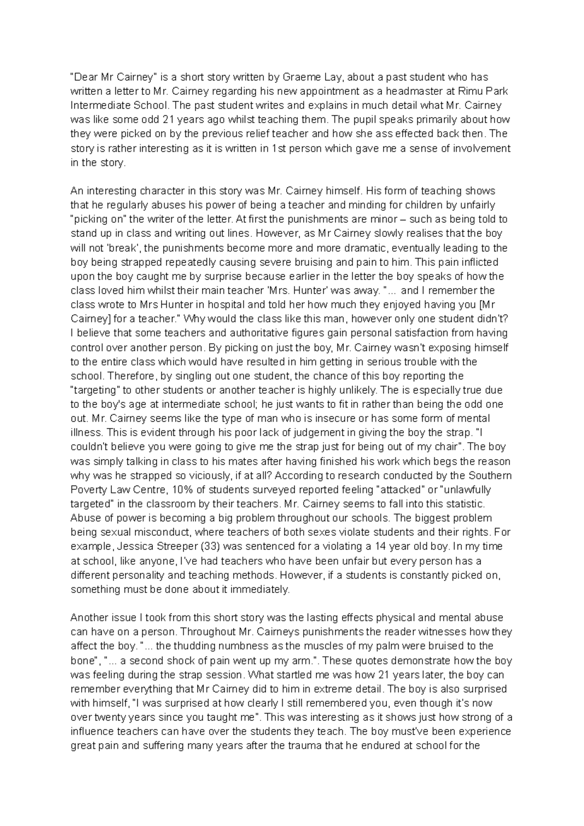 Reading Response 4: Analysis of Graeme Lay's "Dear Mr Cairney" - Studocu