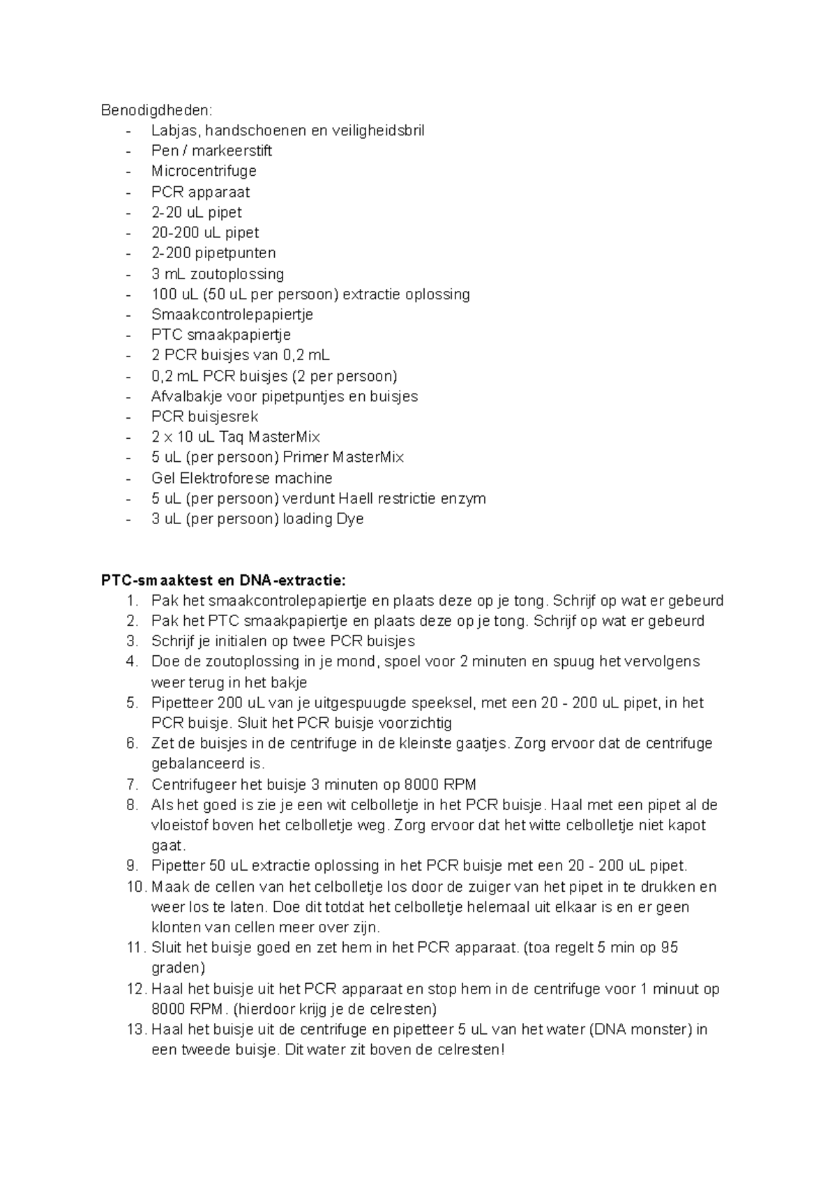 Bio PTC Practicum Werkplan: DNA Extractie en Smaaktest Methode ...