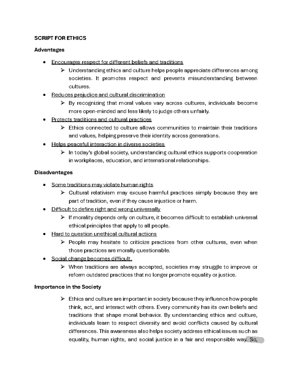SCRIPT FOR ETHICS: Advantages and Disadvantages of Cultural ...