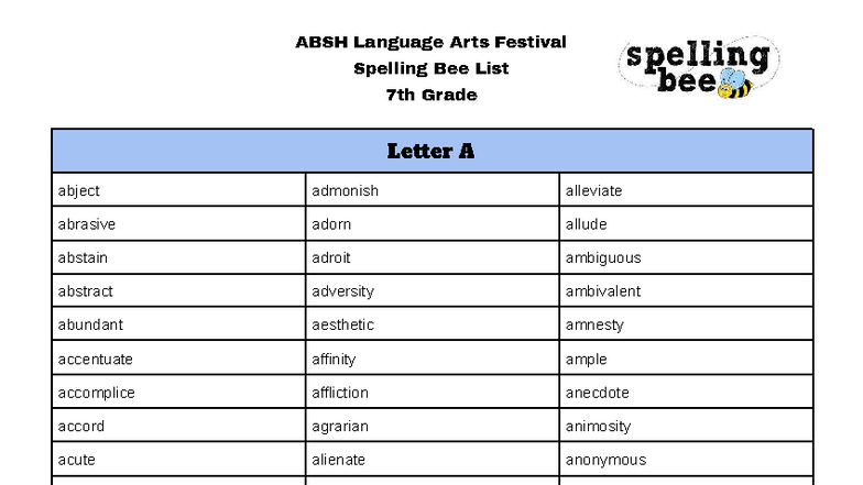 7th Grade Spelling Bee List: Letters A-Z - Studocu