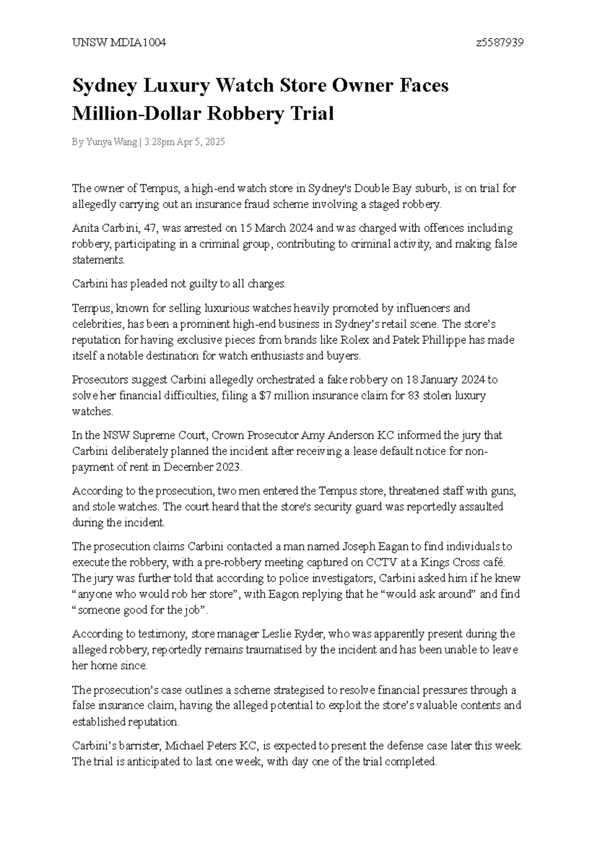 UNSW MDIA1004 Case Study: Tempus Watch Store Robbery Trial Analysis ...