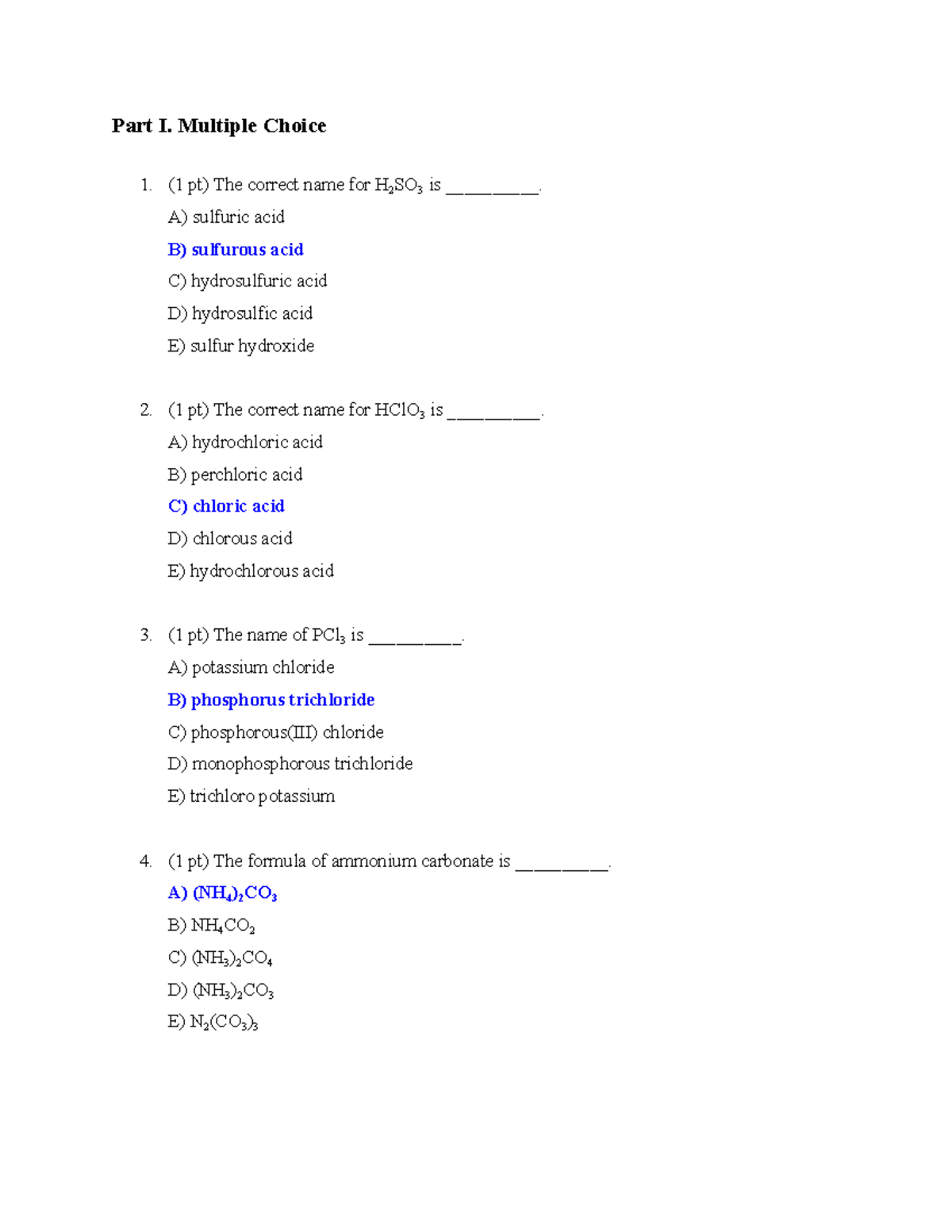 Final Answer Key for Chemistry Exam F23: Multiple Choice & Concepts ...