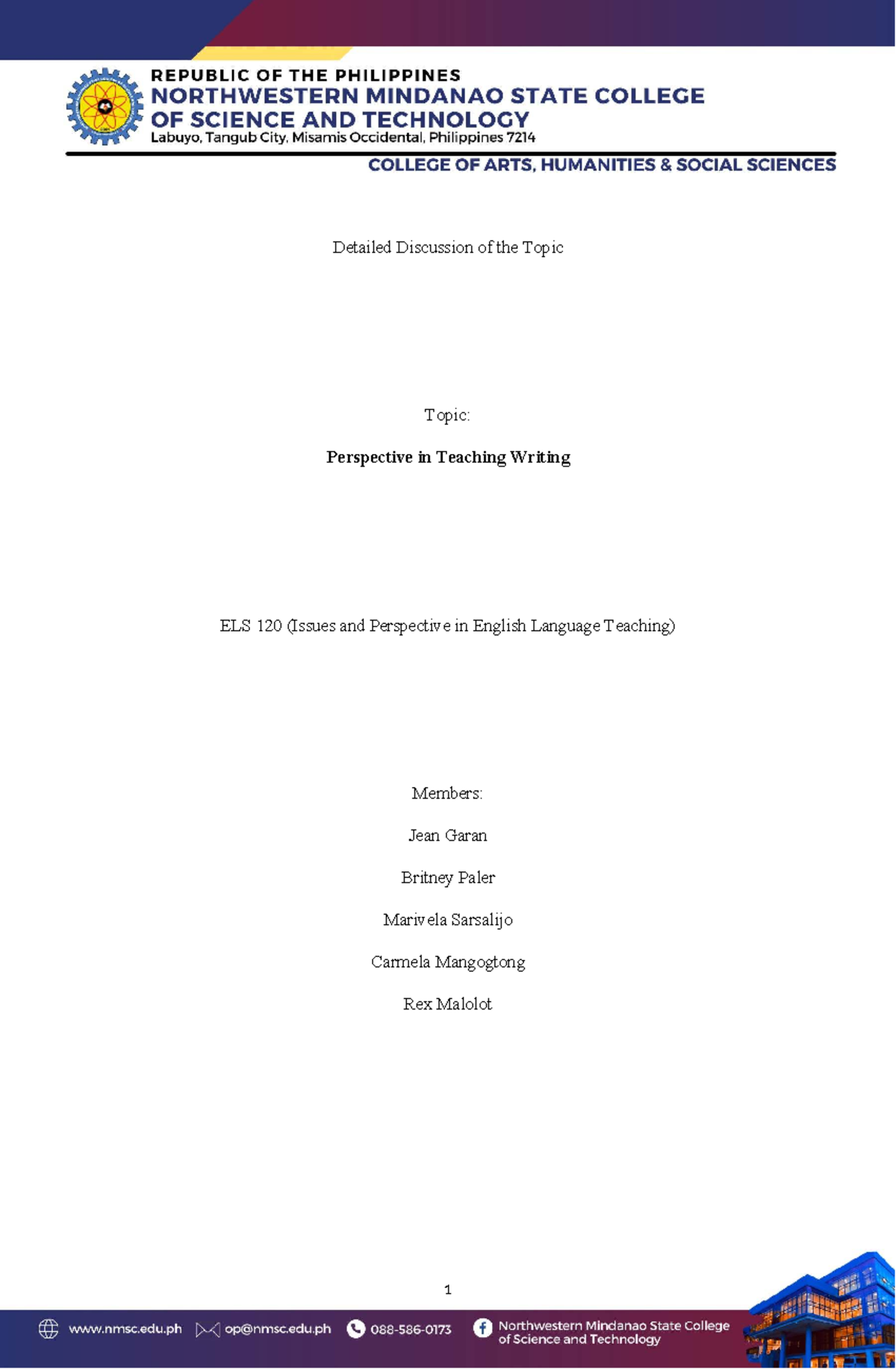Final Exam: Perspectives in Teaching Writing ELS 120 - Studocu