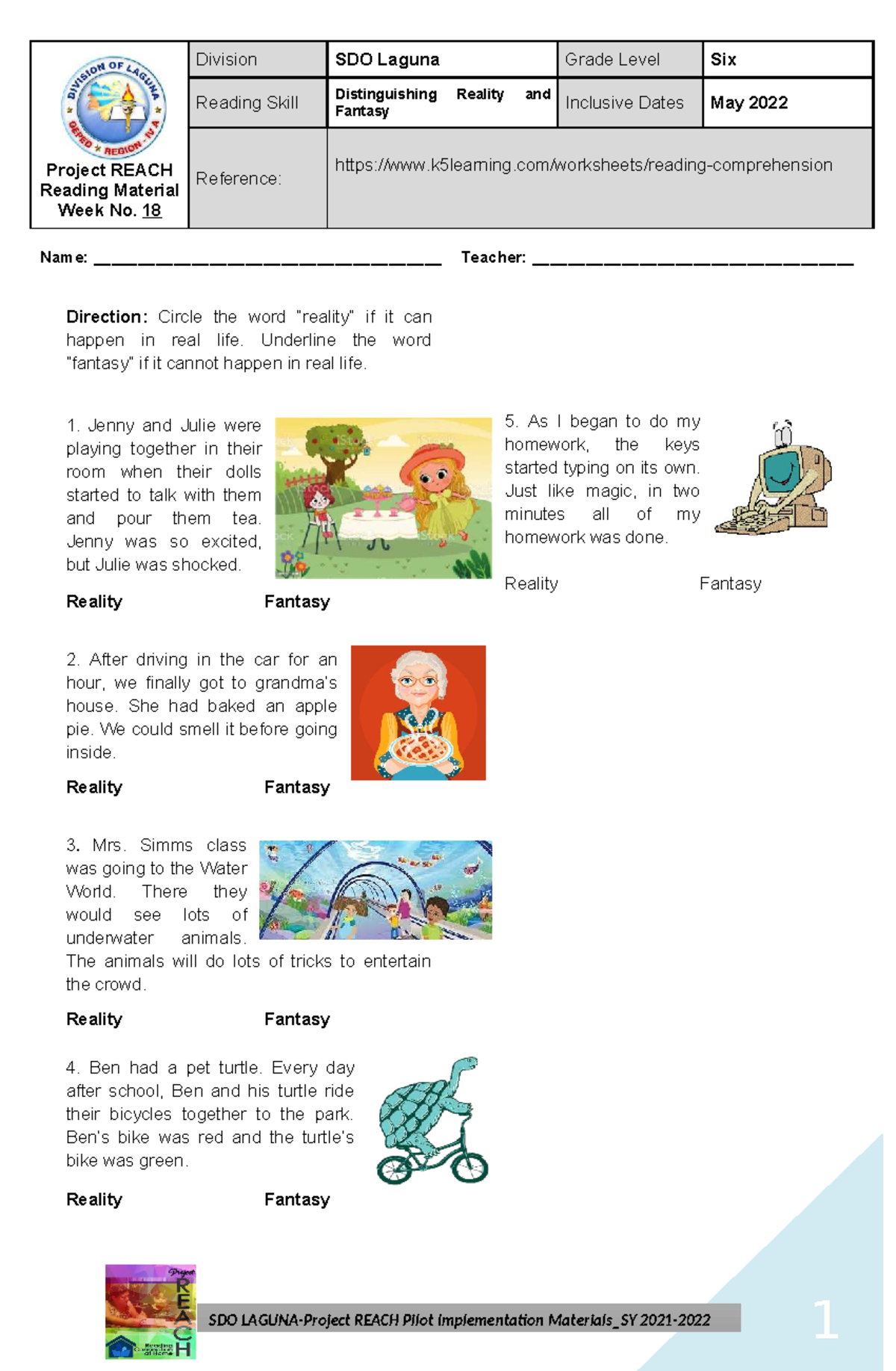 Grade 6 REACH Project: Distinguishing Reality vs. Fantasy - Studocu