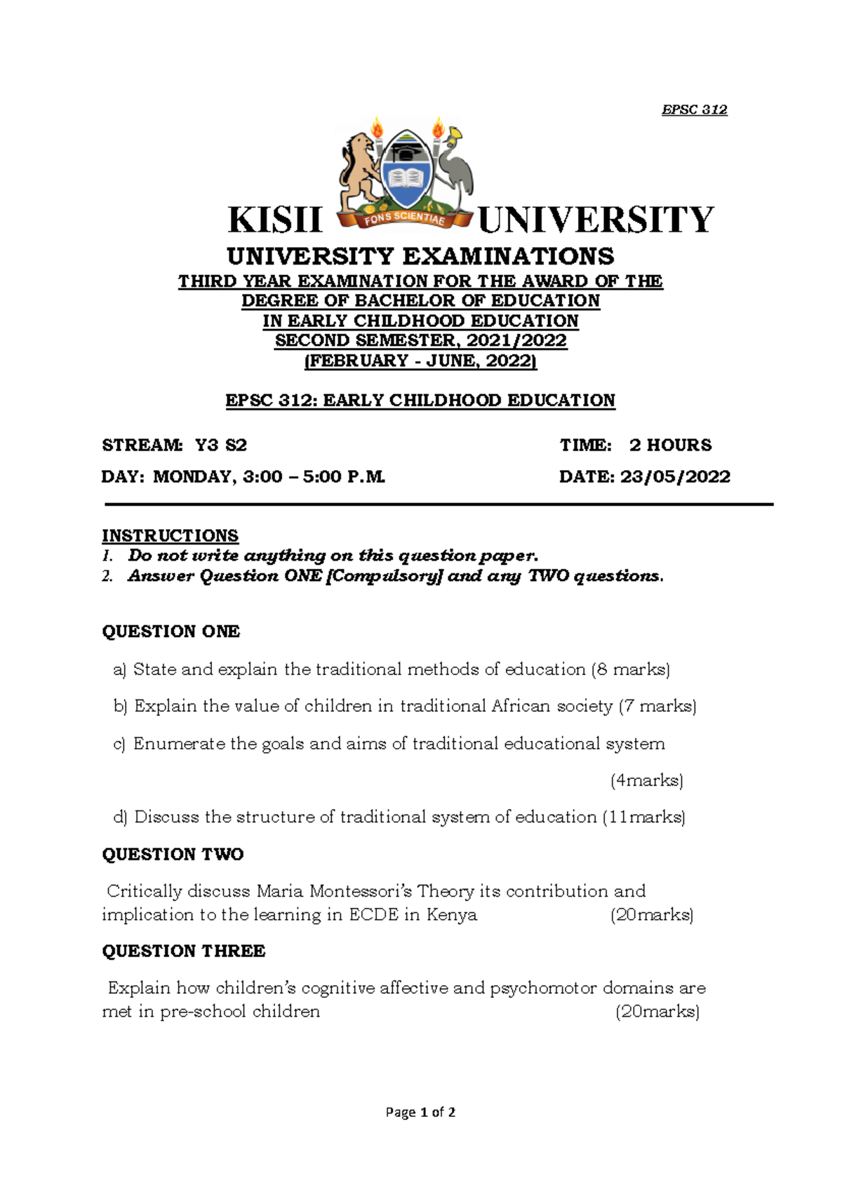 EPSC 312 - Early childhood education - Page 1 of 2 EPSC 312 KISII ...