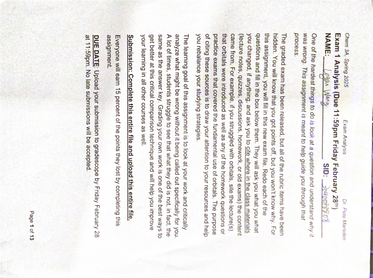 EXAM ONE ANALYSIS FULL ANSWER - Chem 3A, Spring 2025 Exam Analysis Dr ...