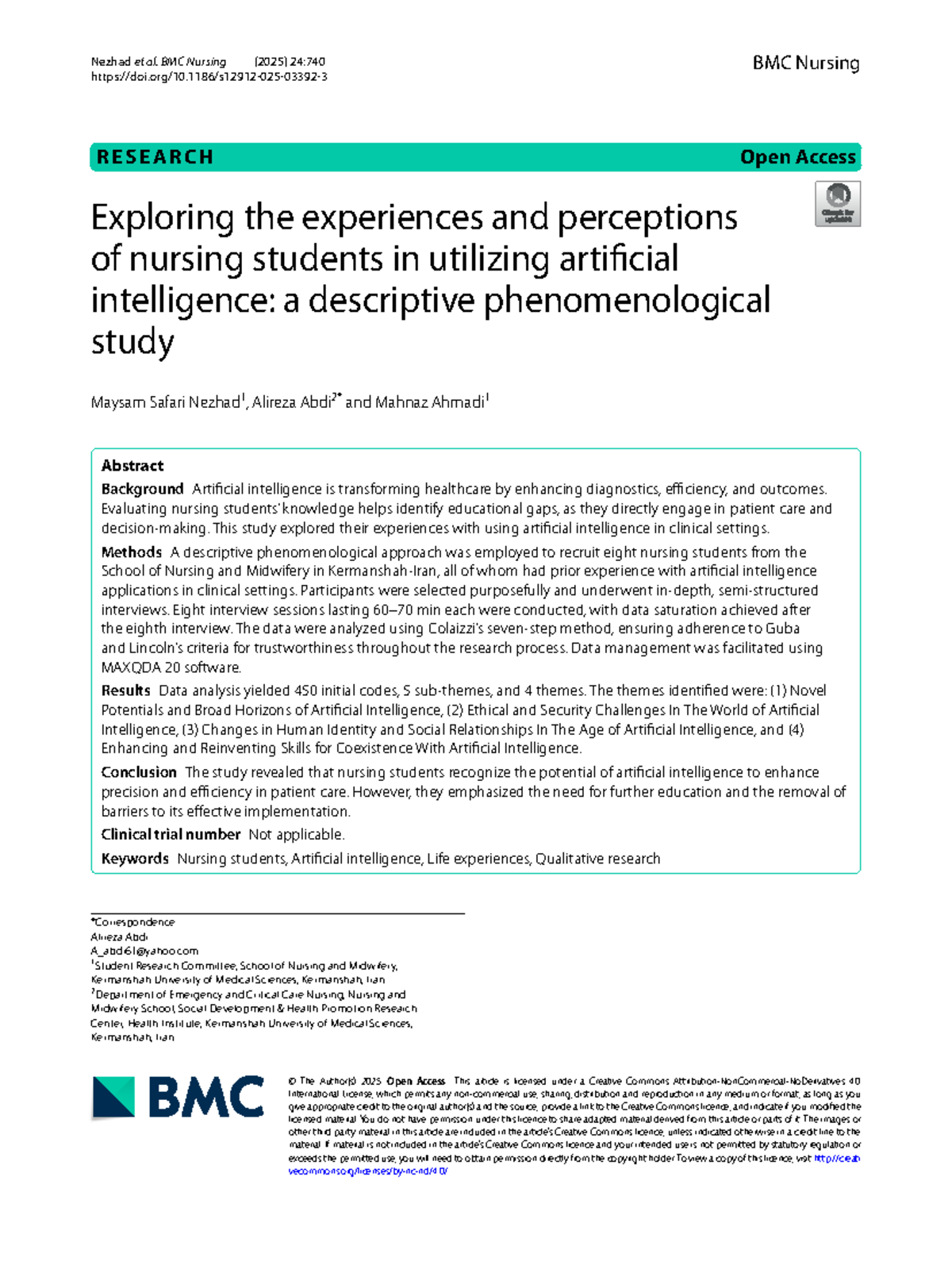 Exploring Nursing Students' Experiences with AI: A Descriptive Study ...