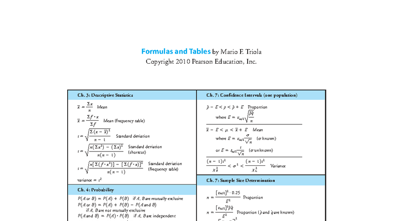 6308_Probability and Statistics Formulas & Tables Guide - Studocu