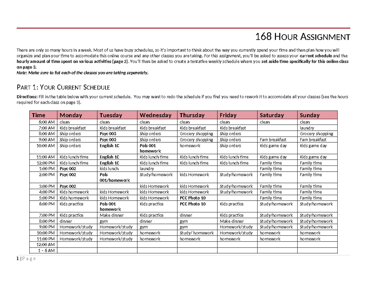 168 Hour Assignment: Weekly Time Management for Online Classes - Studocu