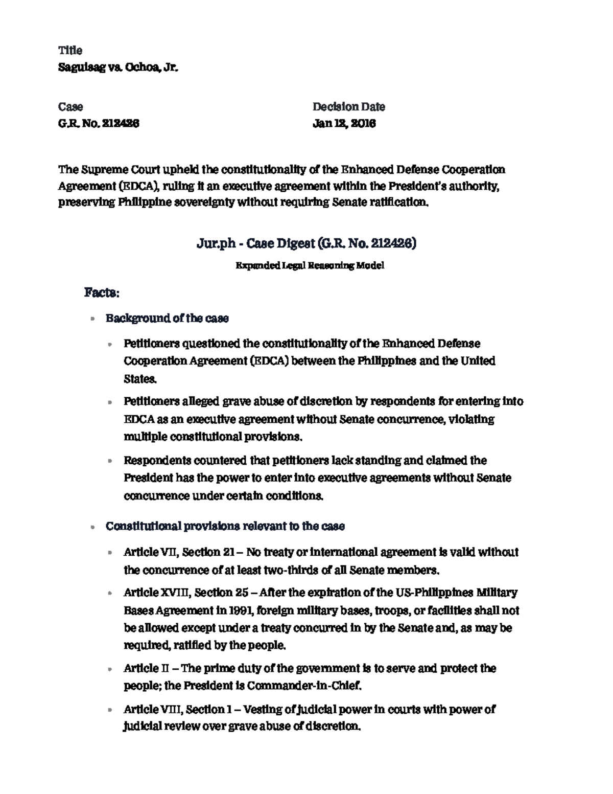 Case Digest: Saguisag vs. Ochoa, Jr. (G.R. No. 212426) - EDCA Ruling Analysis - Studocu