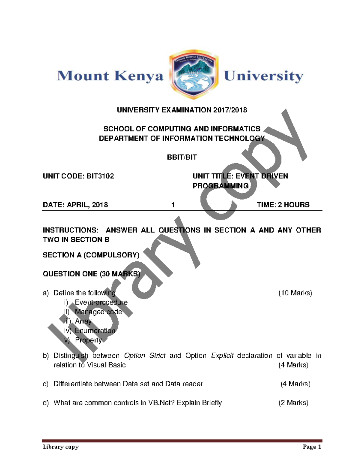 BIT3102 Event Driven Programming P1 Extra - Library copy Page 1 UNIVERSITY EXAMINATION 2017 ...