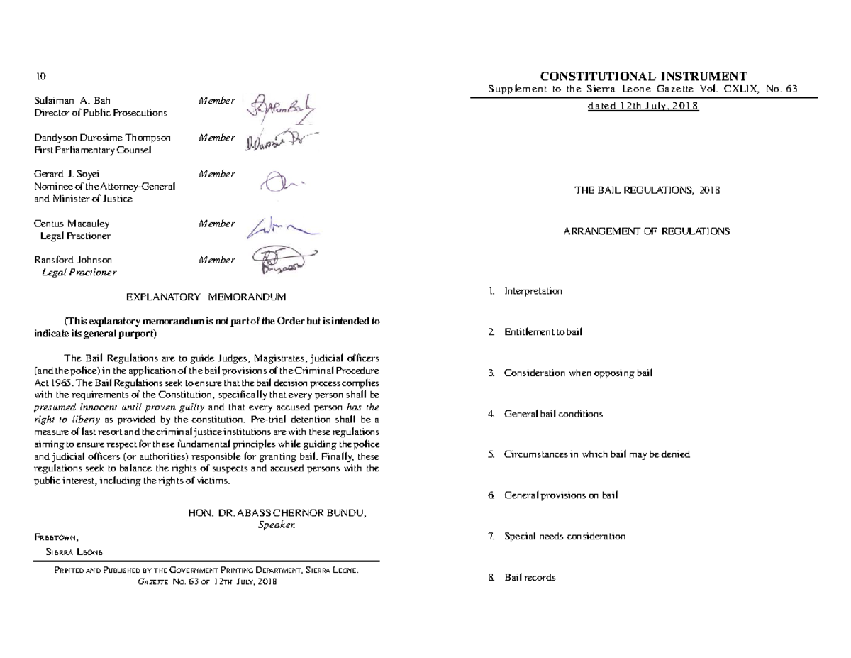 Statutory Instrument: Bail Regulations 2018 - Explanatory Memorandum ...