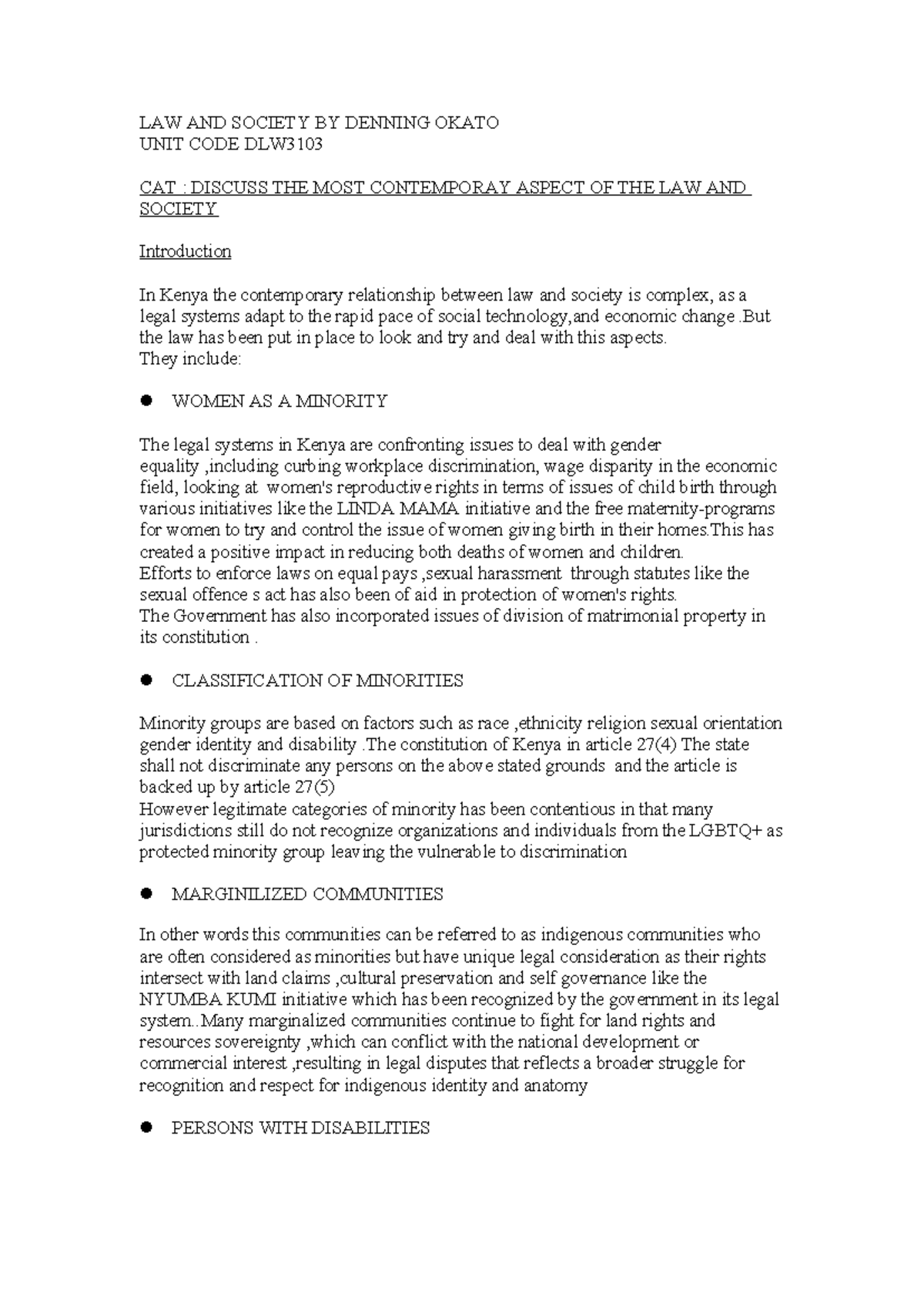 Contemporary Issues in Law & Society - Unit Code DLW Analysis - Studocu