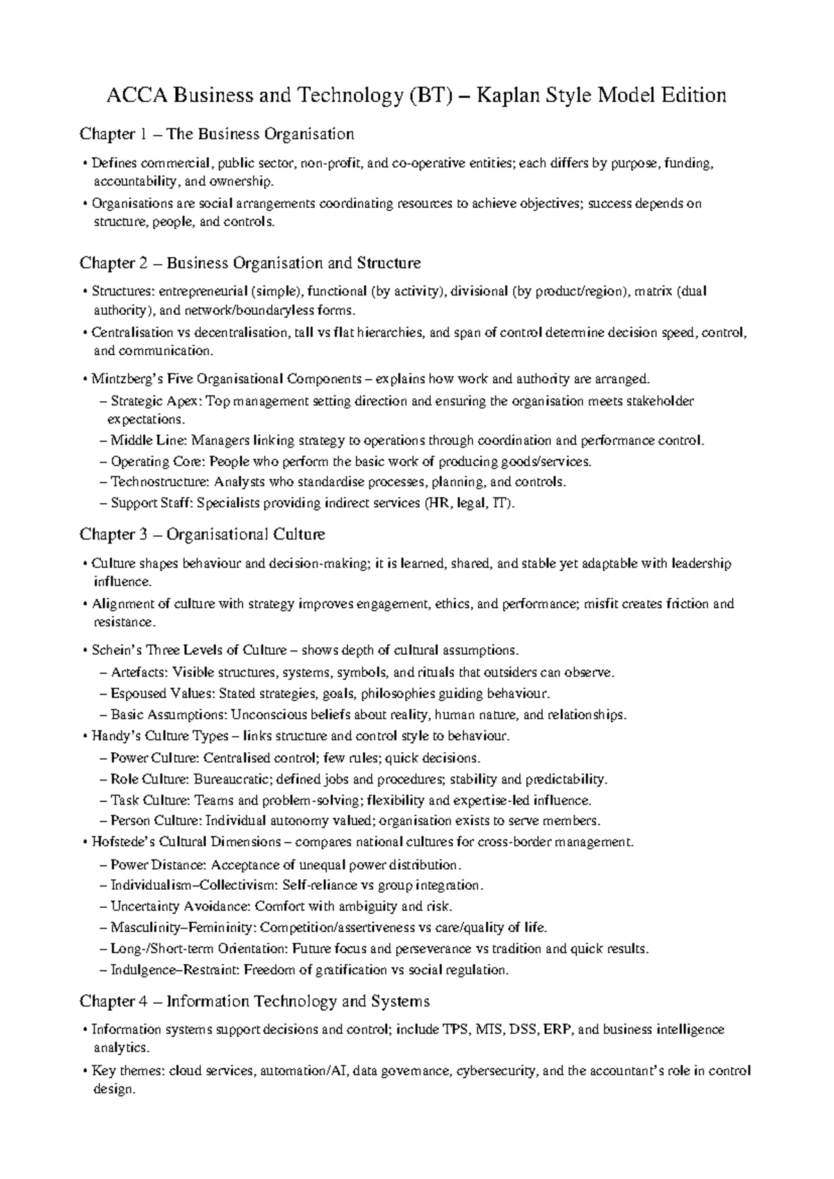 ACCA BT Kaplan Model Edition: Business Organisation & Culture Insights ...