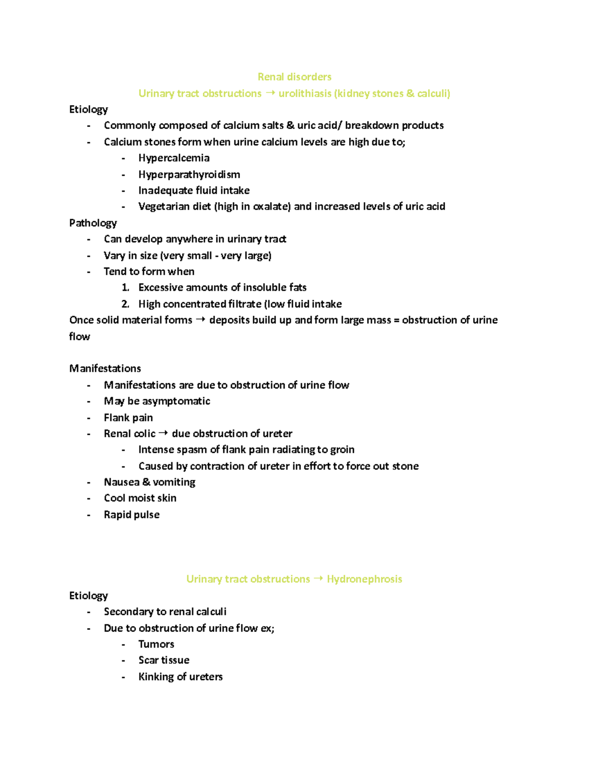 Patho TT3: Urolithiasis and Renal Obstruction Notes - Studocu