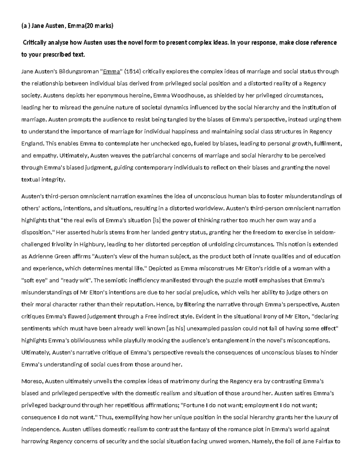 Emma (20 marks) - Critical Analysis of Austen's Complex Ideas on ...