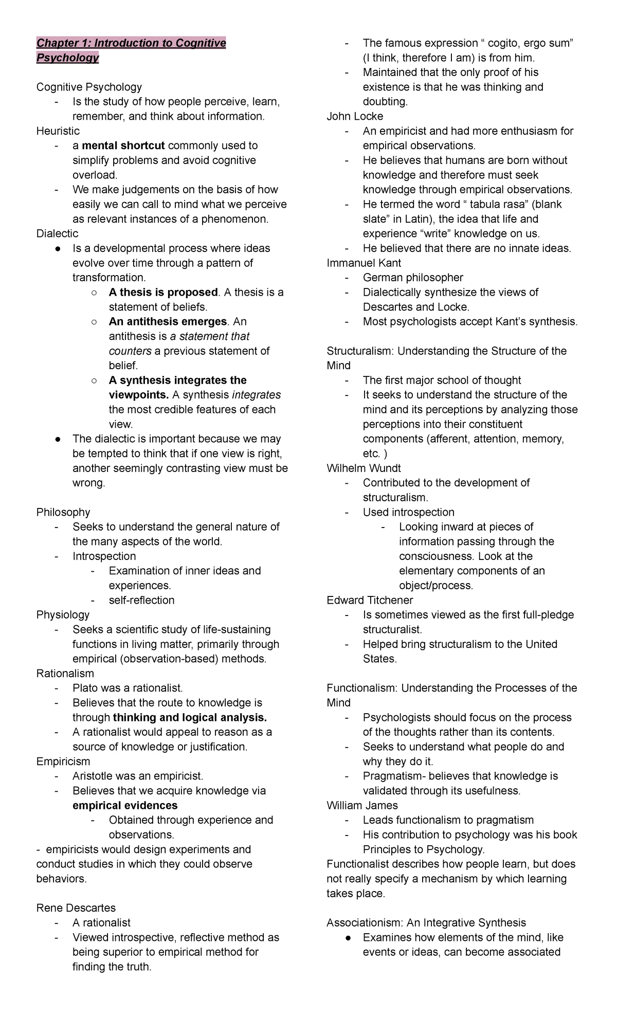 Cognitive Psychology PSY 063: P1 Notes on Key Concepts and Theories ...