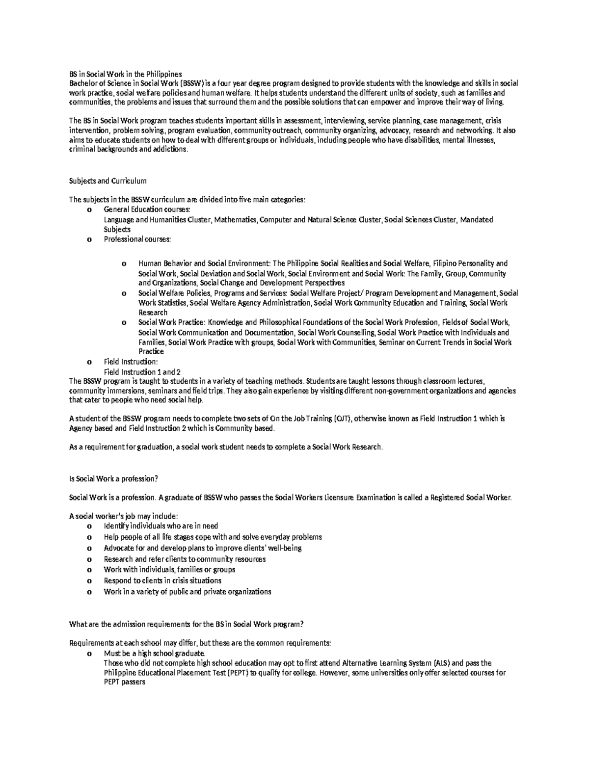 BS in Social Work (BSSW) Program Overview and Curriculum in the ...