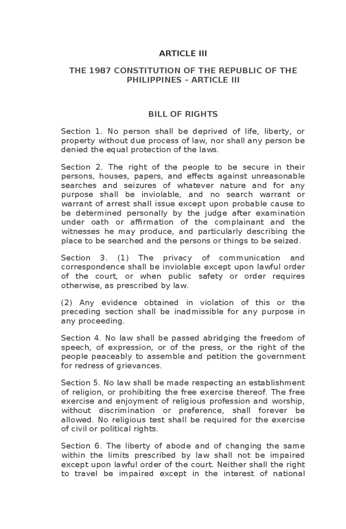 Article III: Bill of Rights - 1987 Constitution of the Philippines - Studocu