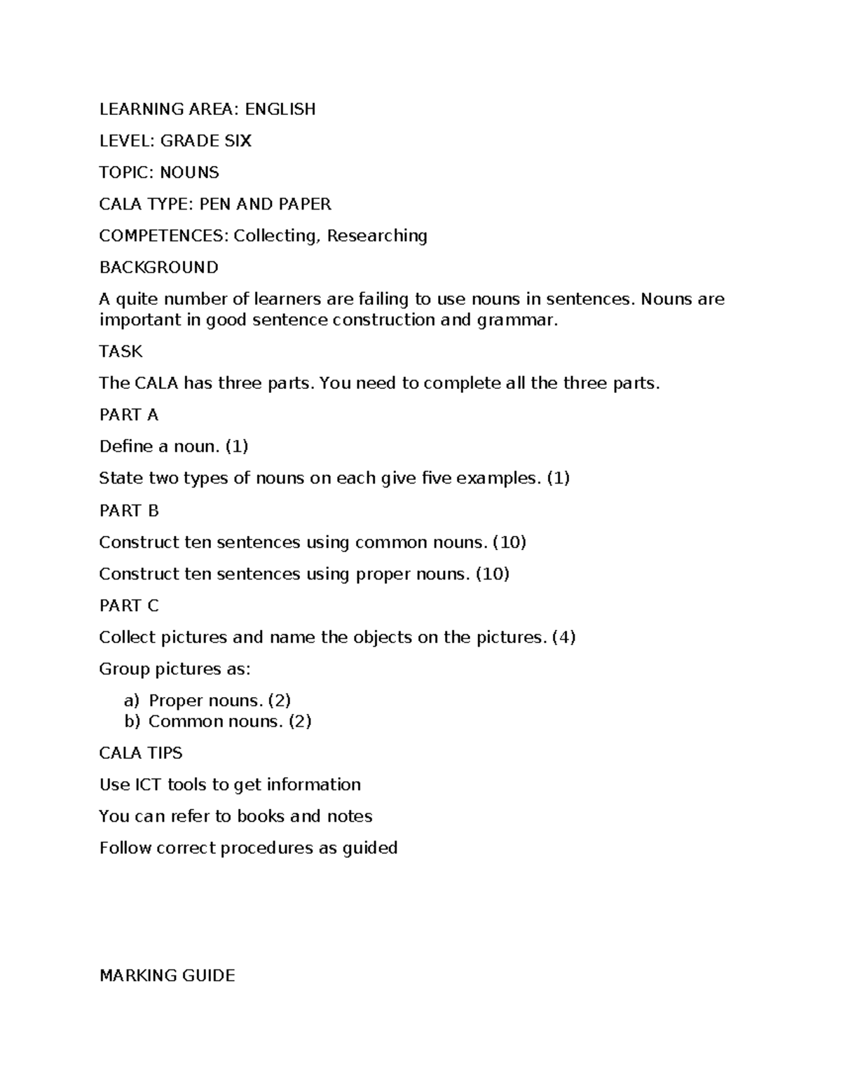 English Nouns CALA: Grade 6 Pen and Paper Task Guide - Studocu