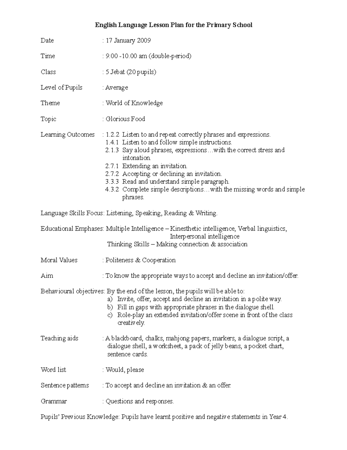 100796380 Sample of English Lesson Plan 2 - English Language Lesson ...