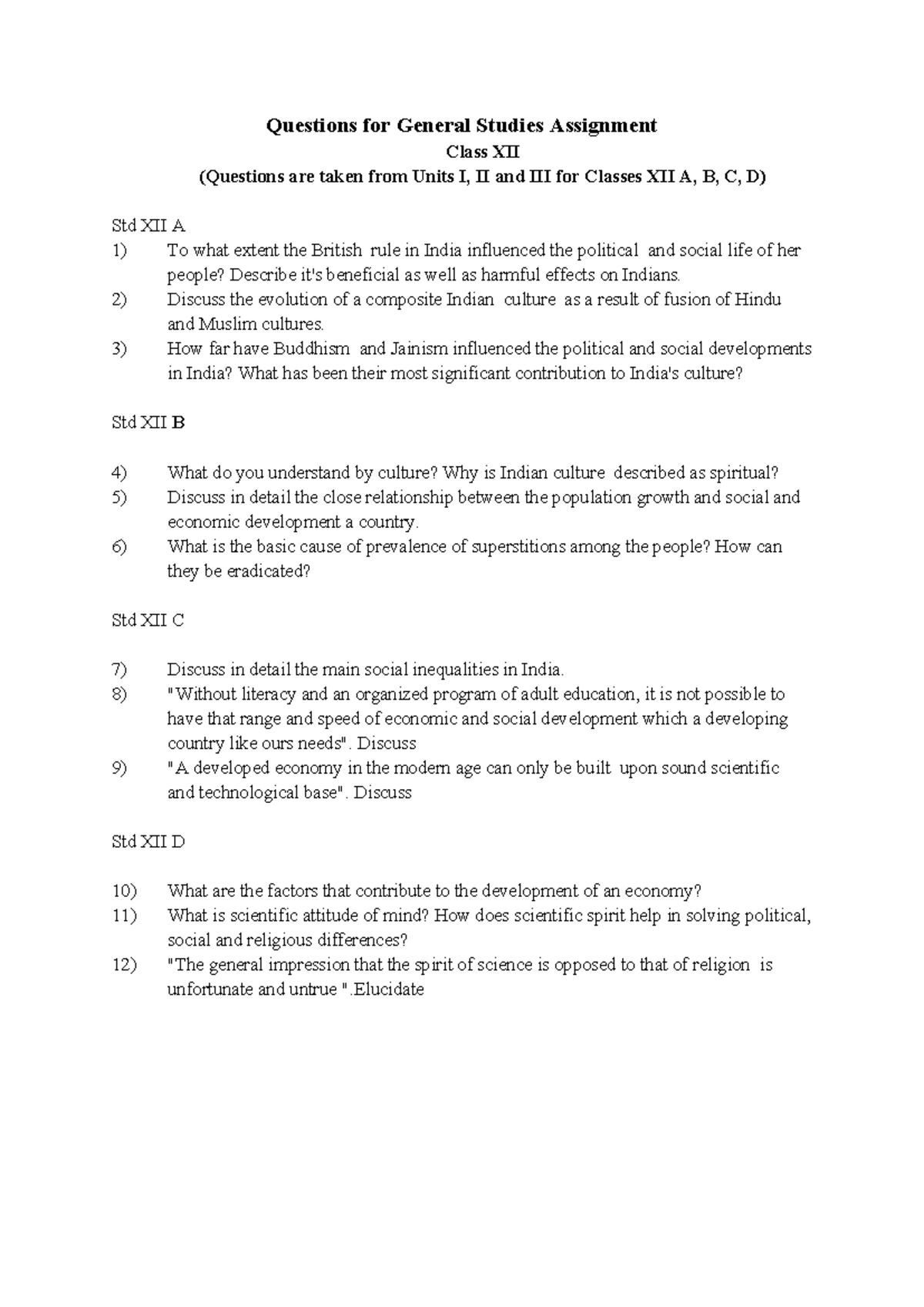GS QP XII: General Studies Assignment Questions for Class XII - Studocu