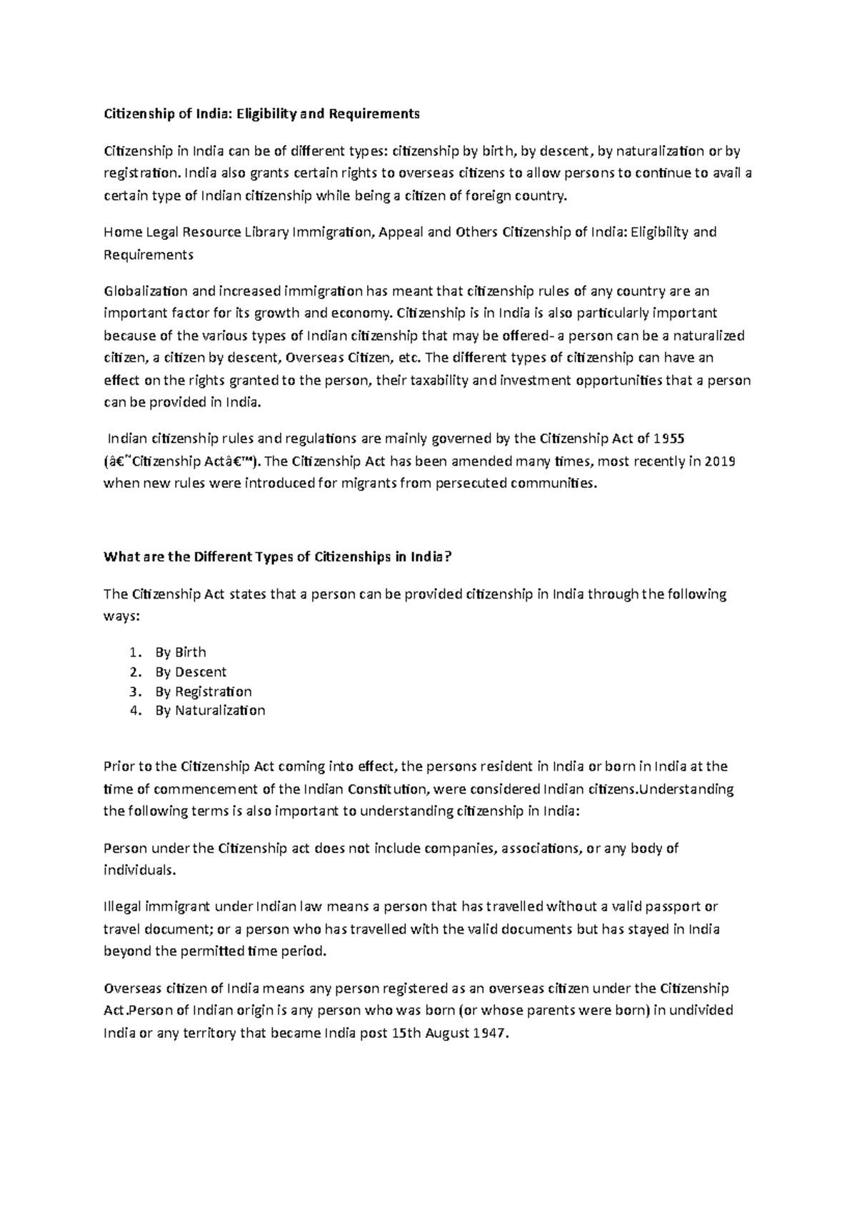 Citizenship of India Law notes - LLB LAW (Honors - Studocu