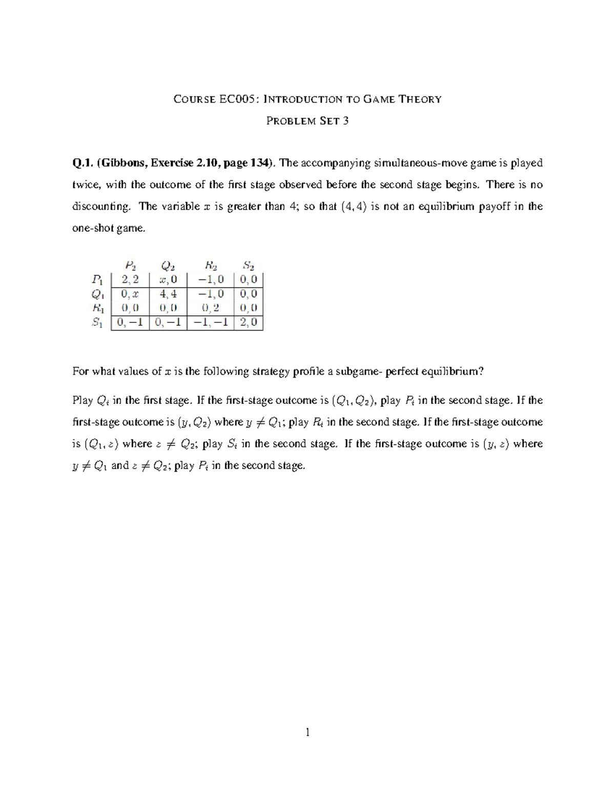 EC005: Introduction to Game Theory Problem Set 3 Analysis - Studocu