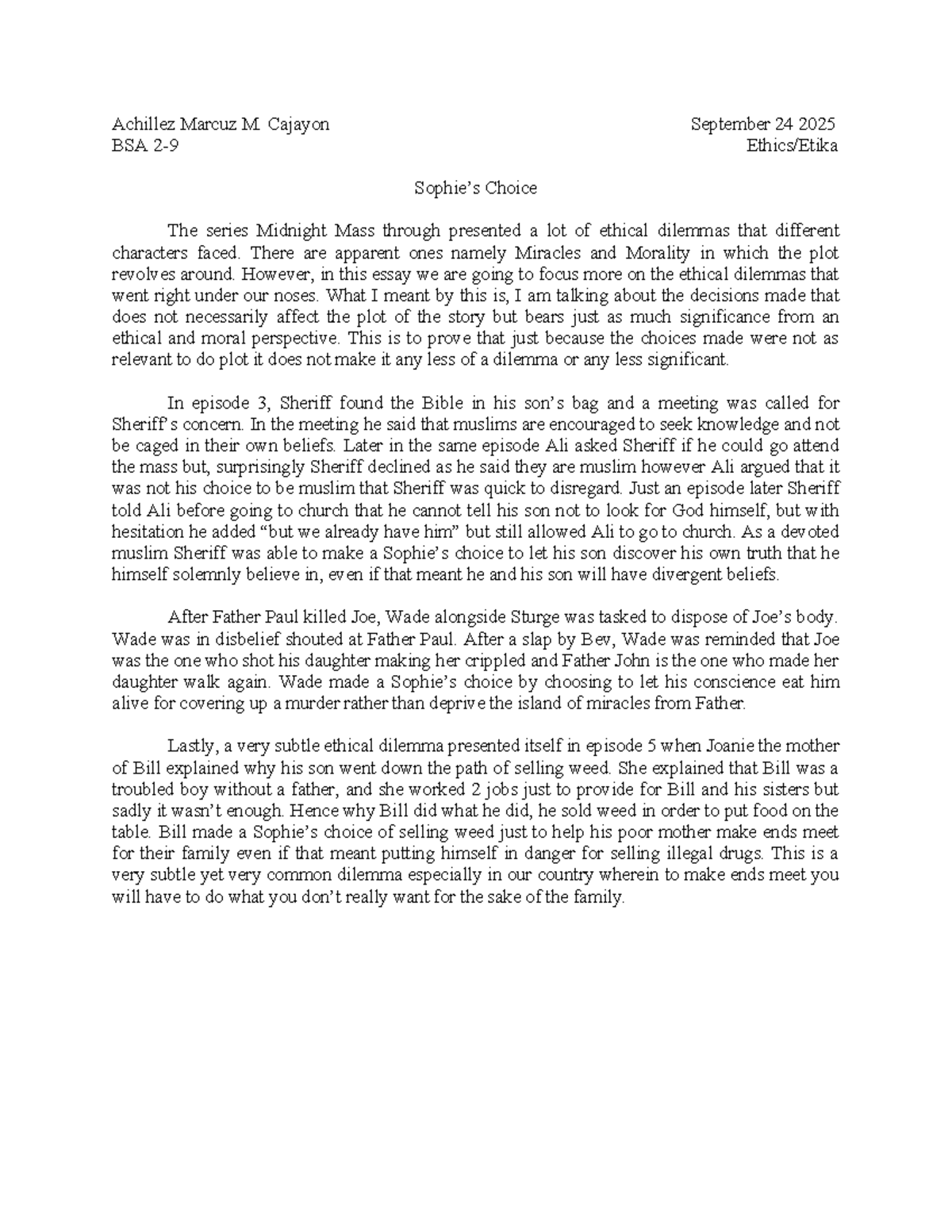 BSA Essay Notes: Ethical Dilemmas in Midnight Mass - Studocu