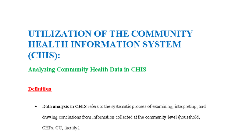Utilization of CHIS for Community Health Data Analysis and Reporting (MOH 513, - Studocu