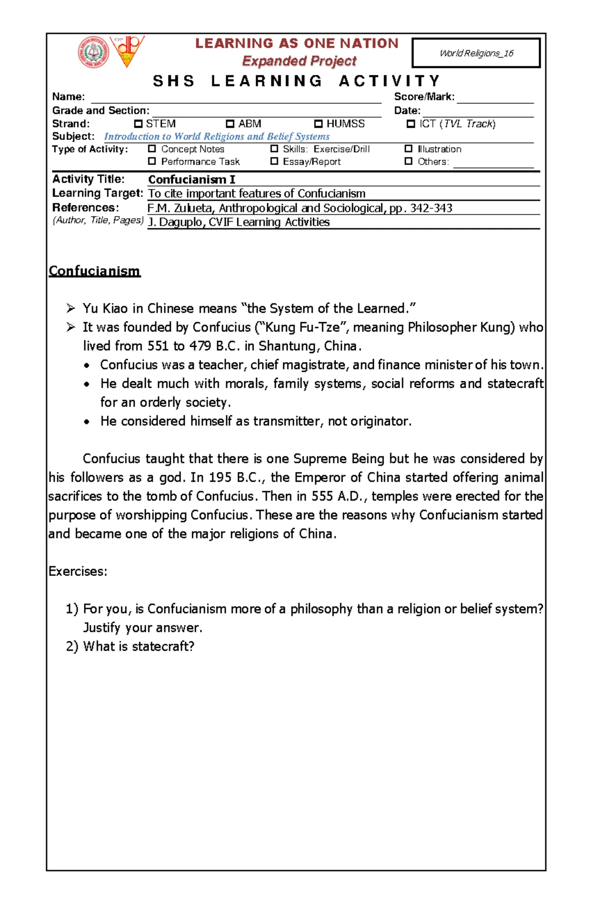 World Religions LAS 17 Confucianism II - LEARNING AS ONE NATION ...