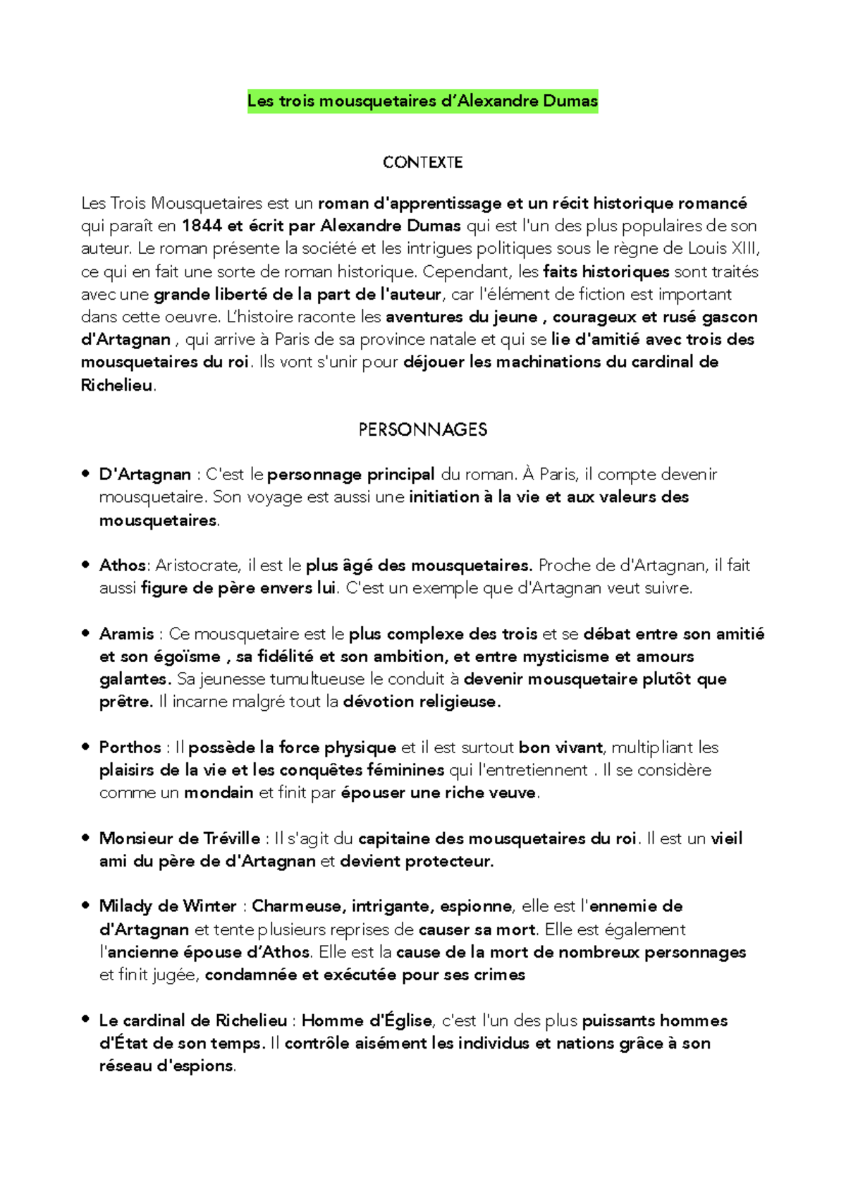 Analyse et Résumé des Trois Mousquetaires (LITT 101) - Studocu