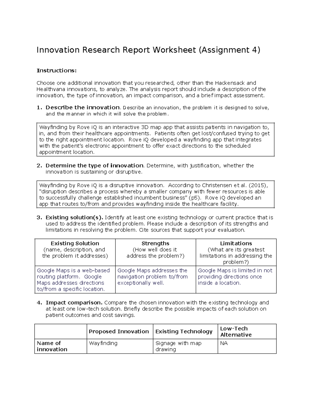 A4 Innovation Research Report Worksheet: Rove iQ Wayfinding Analysis ...