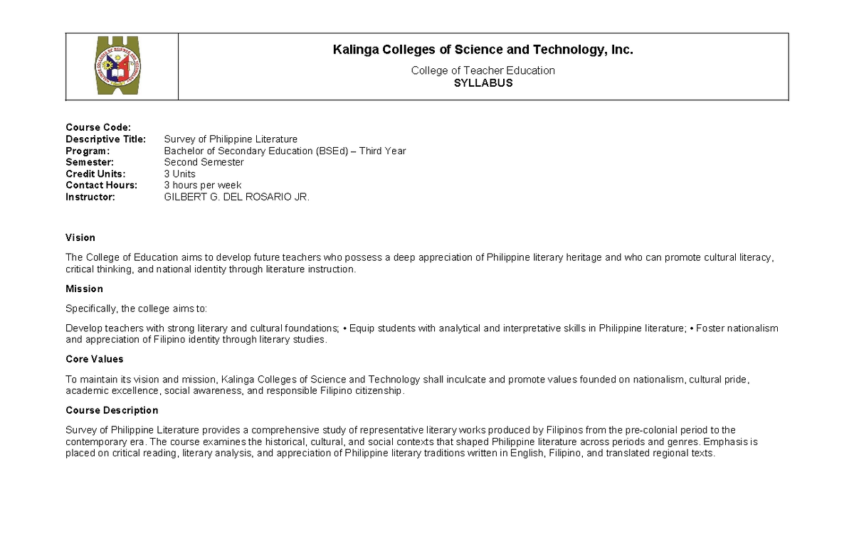 Survey of Philippine Literature Syllabus - BSEd 3rd Year 2nd Sem - Studocu