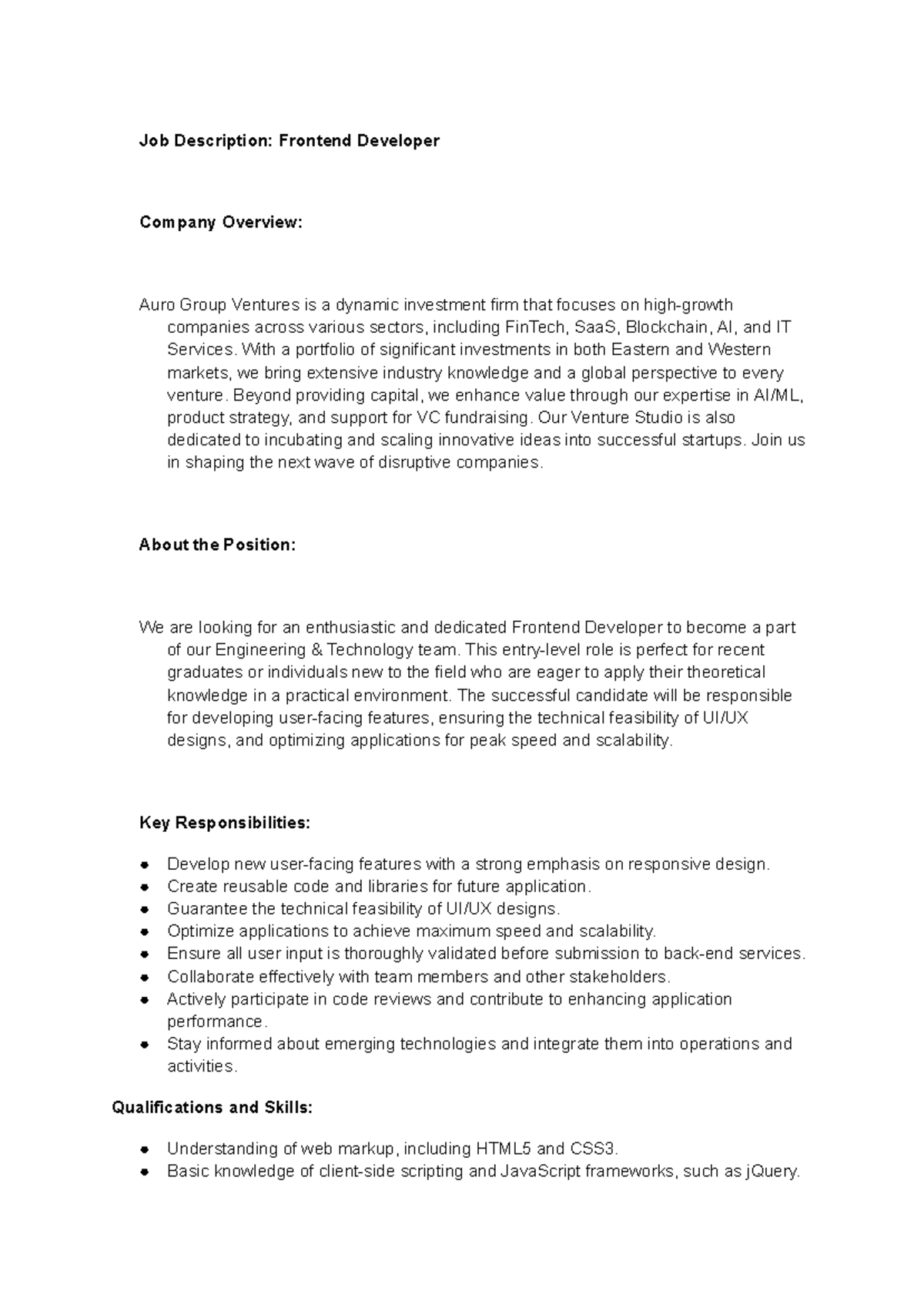 Auro Group Ventures Job Descriptions: Frontend & Full Stack Developer - Studocu