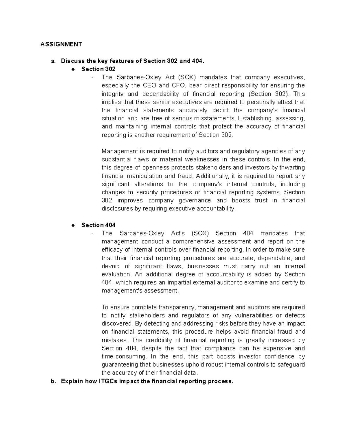 ITGC Activity 1: Key Features of SOX Sections 302 & 404 and SoD ...