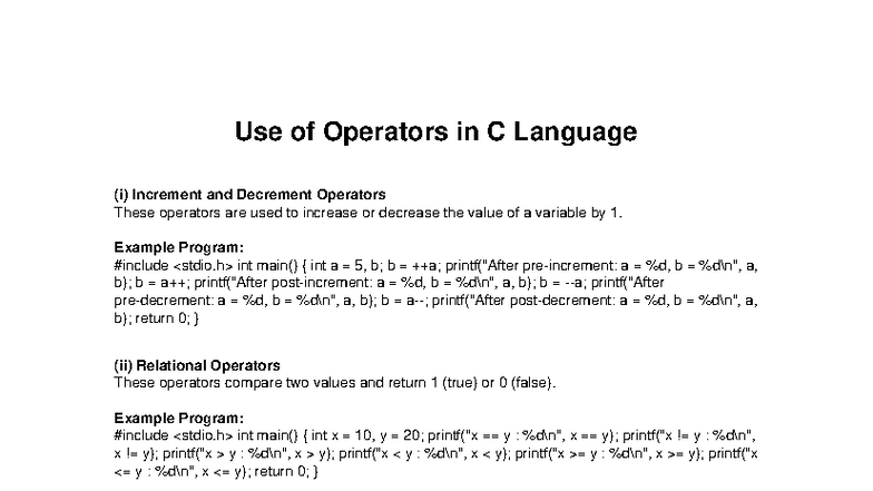 C Programming Operators: Increment, Decrement, and More - Studocu