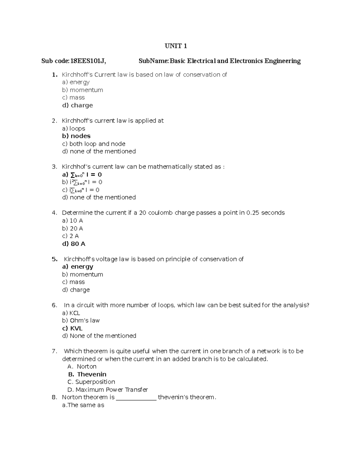 Unit 1 - MCQ Notes for 18EES101J: Basic Electrical Engineering - Studocu