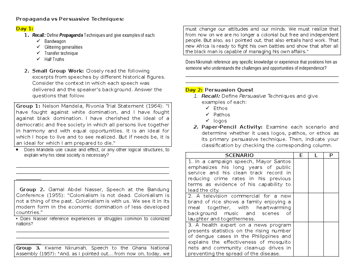 LAS 2025: Propaganda vs Persuasive Techniques - Day 1-3 Activities ...
