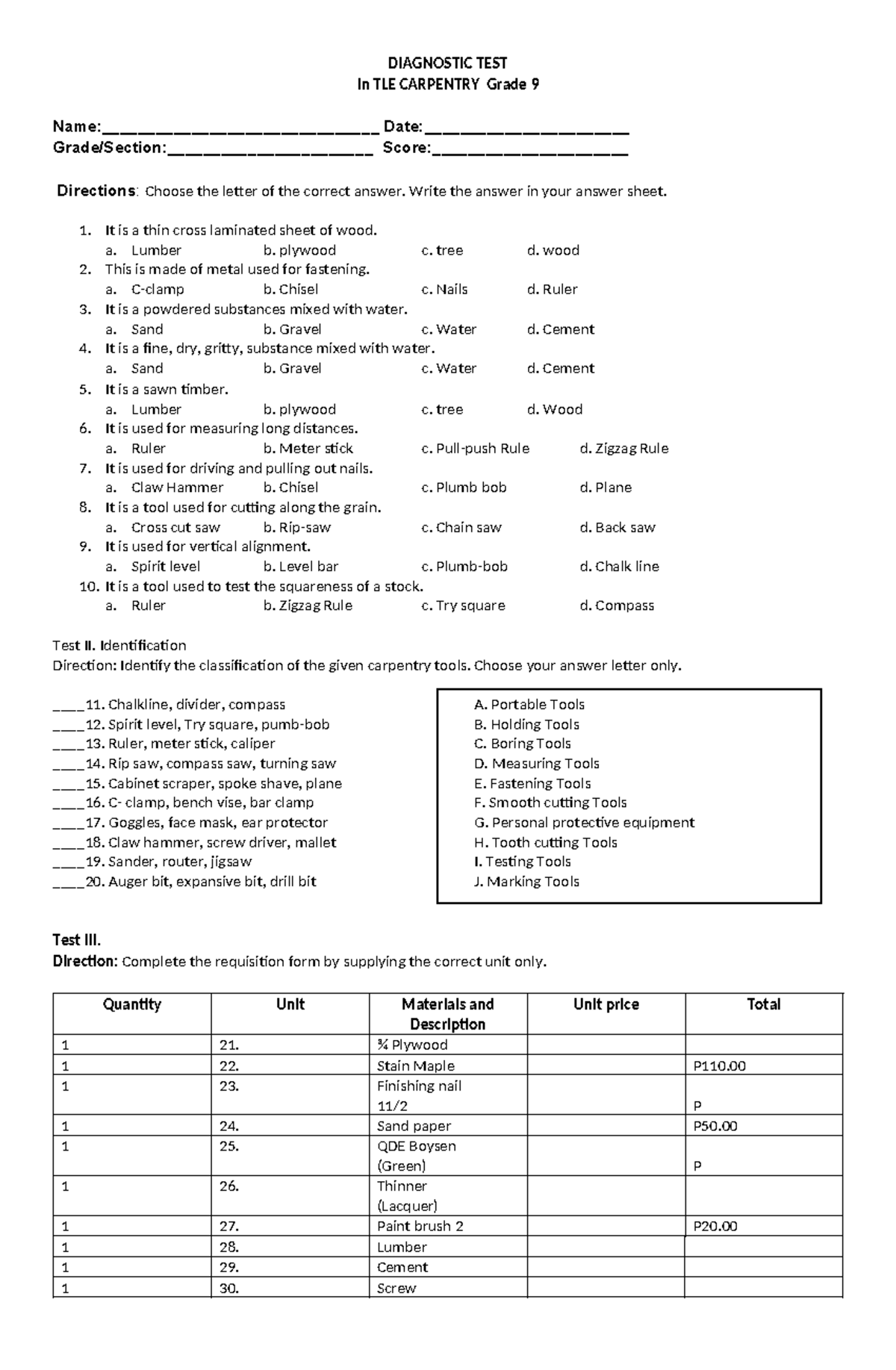 393829400 Grade 9 Carpentry Diagnostic Test Questions and Answers - Studocu
