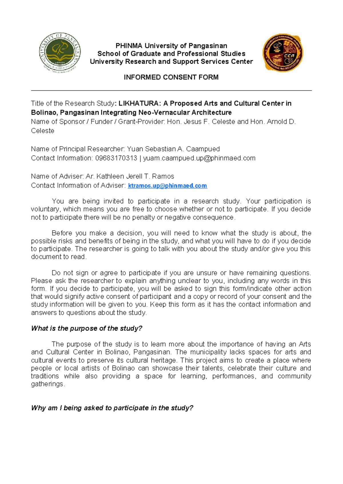Informed Consent Form for LIKHATURA Research Study on Arts Center - Studocu