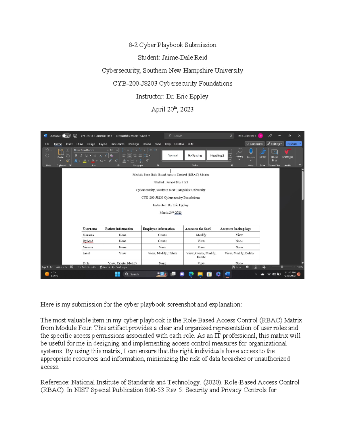 CYB 200 8-2 Cyber Playbook: Role-Based Access Control Insights - Studocu