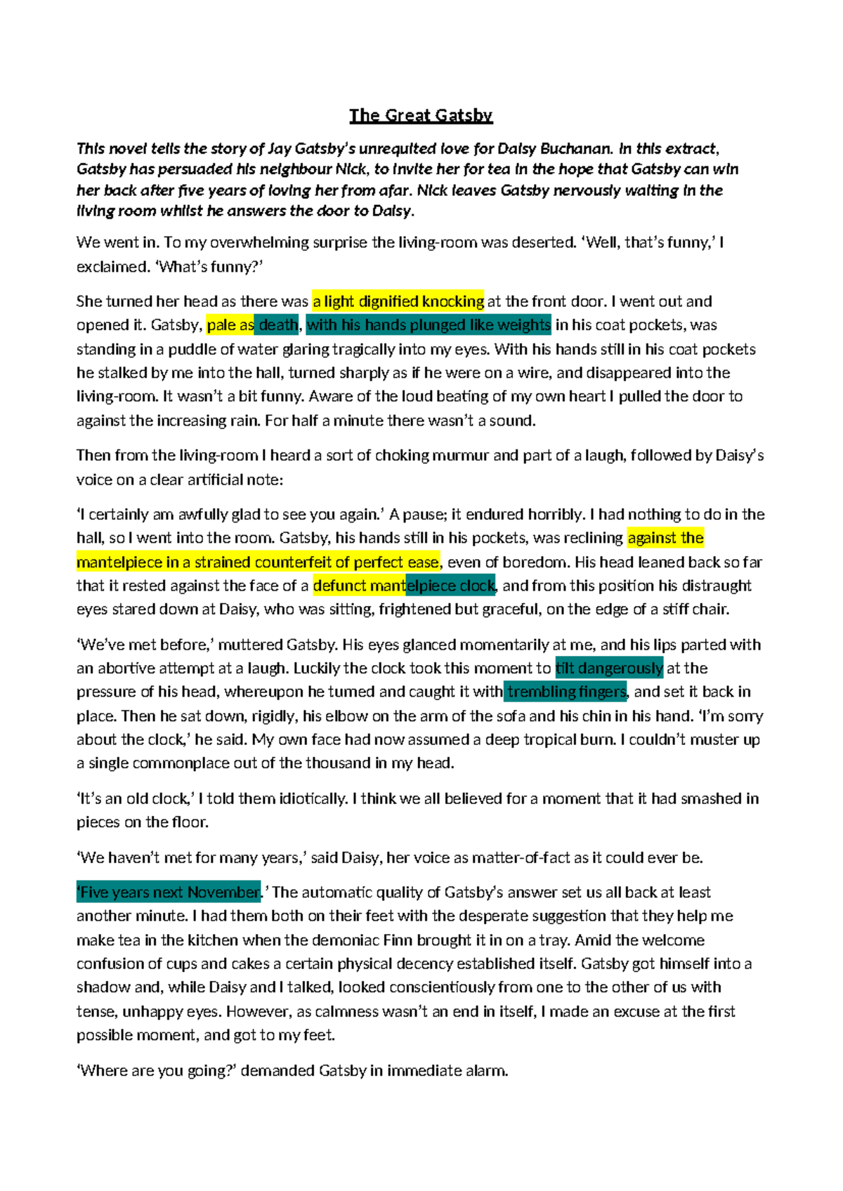 The Great Gatsby Language Paper 1 Analysis and Emotions - Studocu