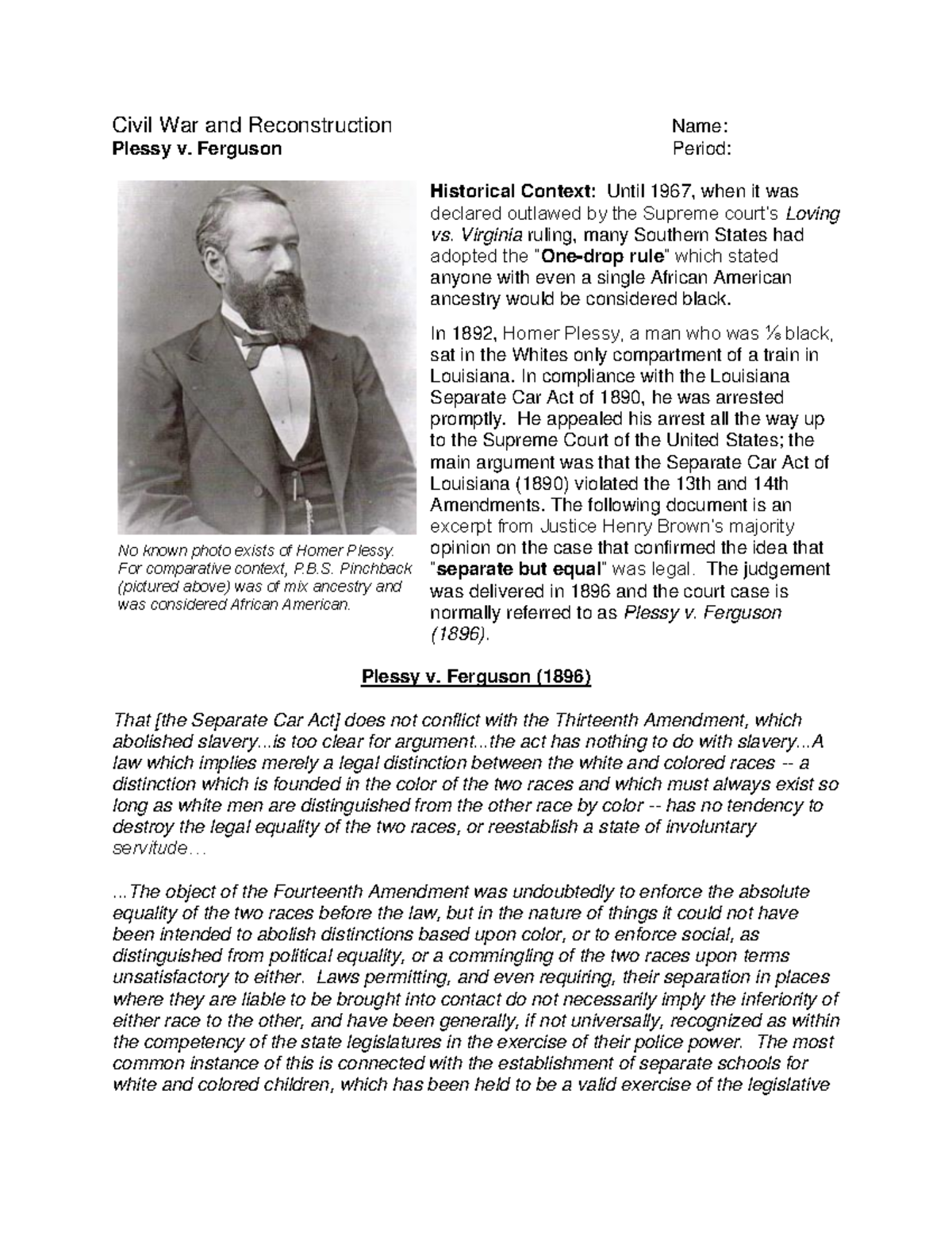 Civil Rights Case Study: Plessy v. Ferguson (1896) Analysis - Studocu