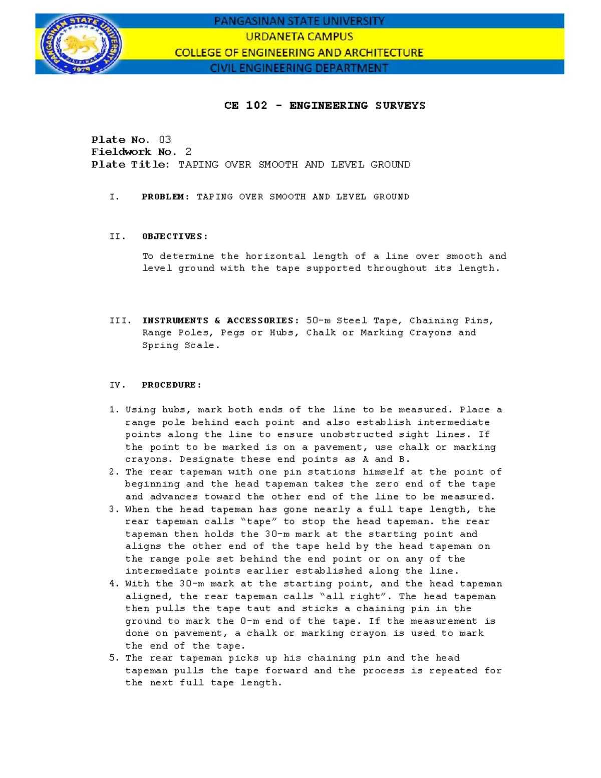 CE 102 - Plate No. 3 - CE 102 - ENGINEERING SURVEYS Plate No. 03 ...