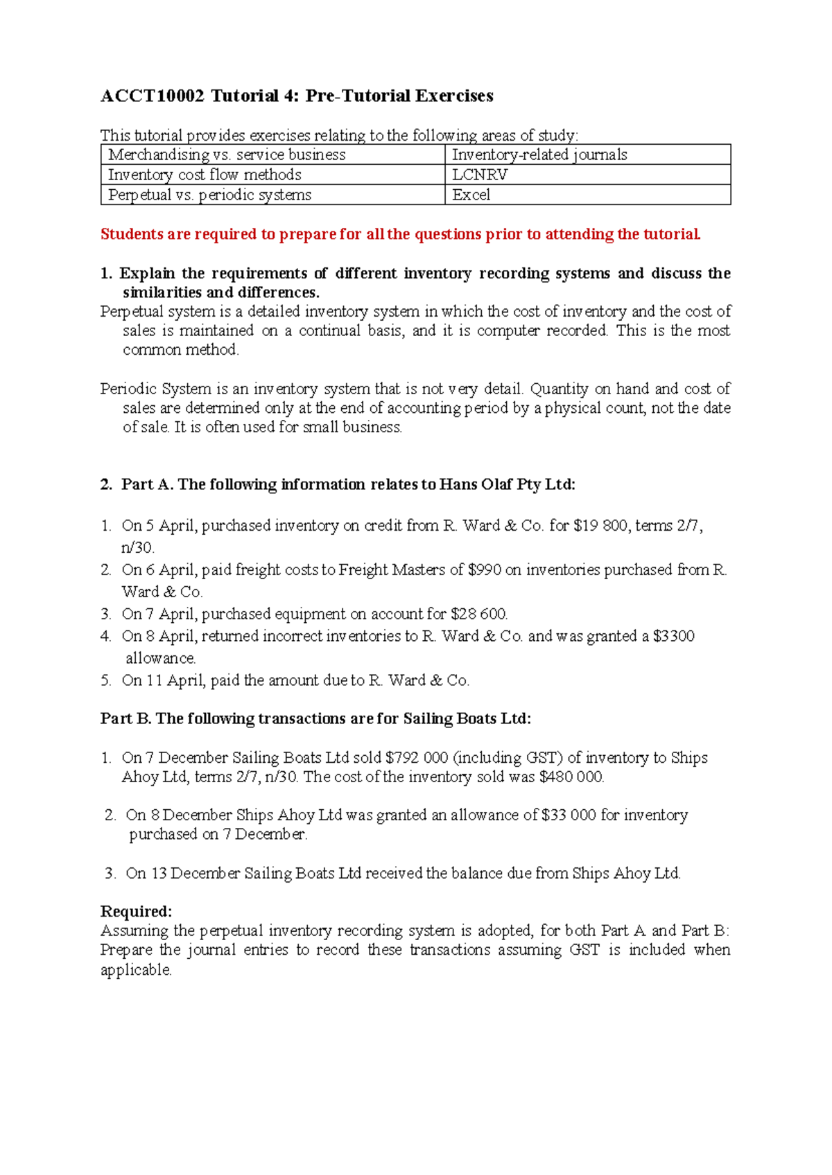 ACCT10002 Tutorial 4: Pre-Tutorial Exercises on Inventory Systems - Studocu