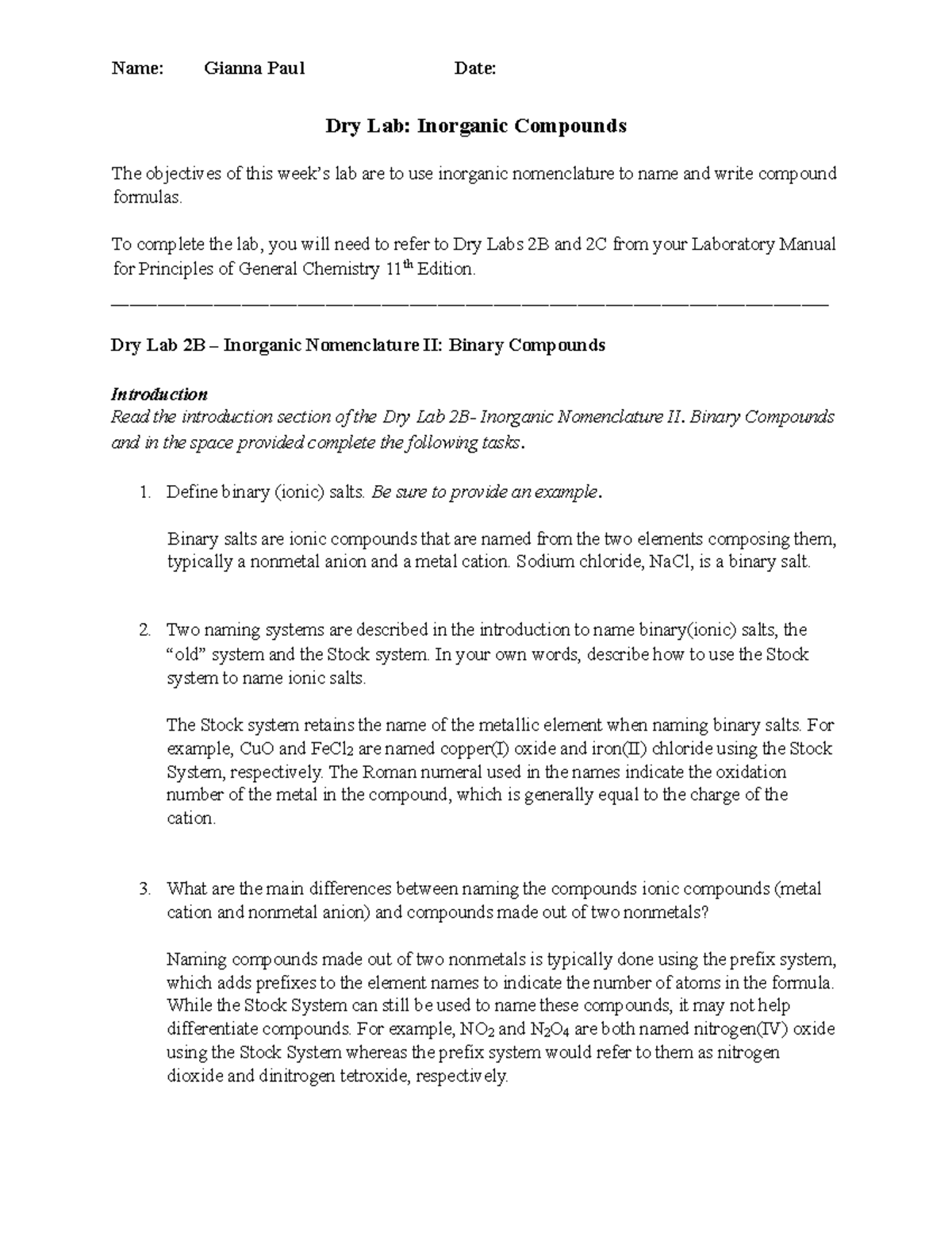 Dry Labs 2B & 2C: Inorganic Nomenclature and Compound Formulas - Studocu