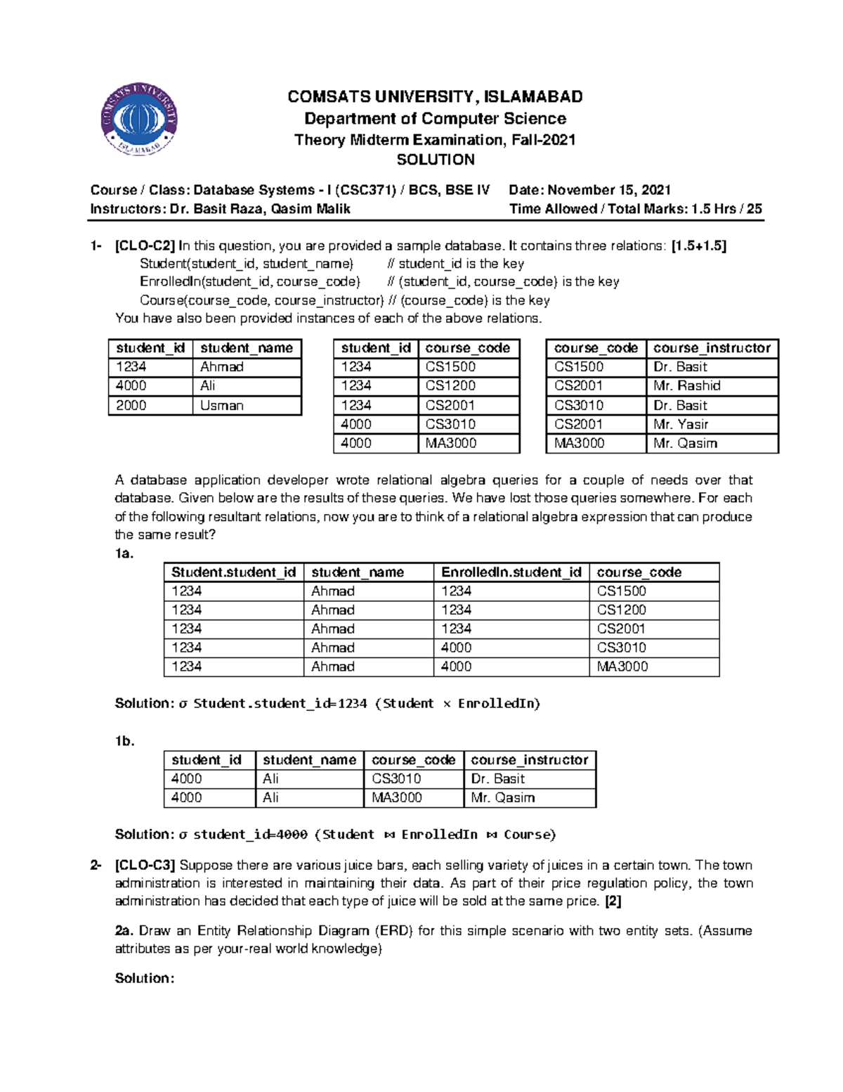 Theory Midterm Solution (CSC371) - Fall 2021 Database Systems - Studocu